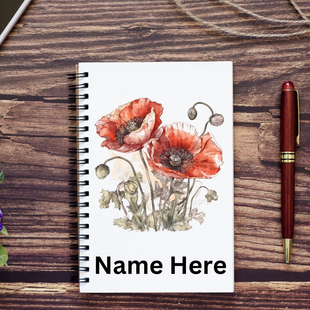Personalised Note Book Lined Paper Writing Book. Poppy Watercolour ...