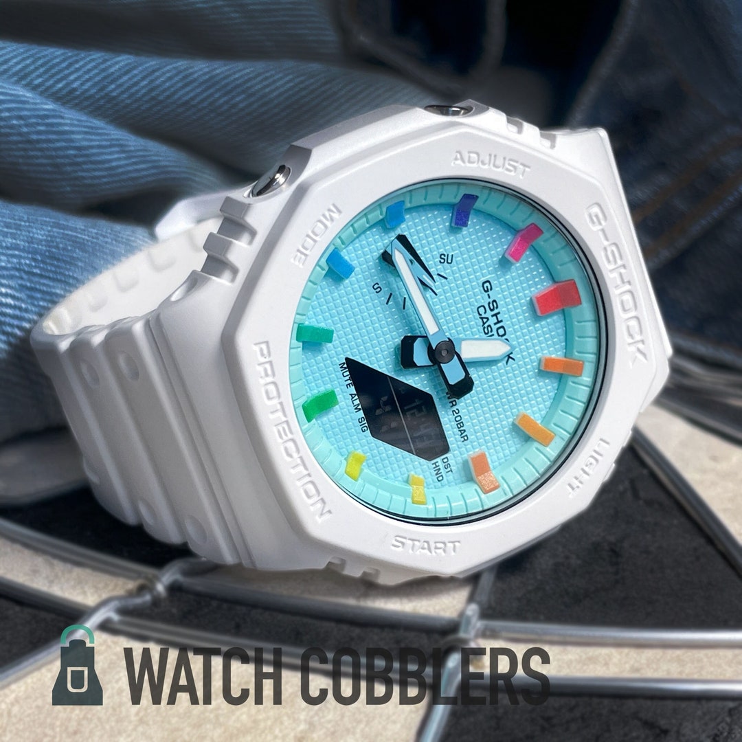 Casio G-shock Blue Waffle & Rainbow Dial With White Resin - Etsy