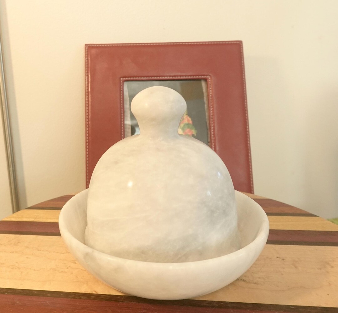 White/grey Stone Butter Dish With Lid, White Artisan Made Marble Butter ...