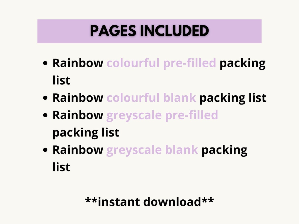 Packing List PDF in Rainbow Design, Print Packing List, All Inclusive ...