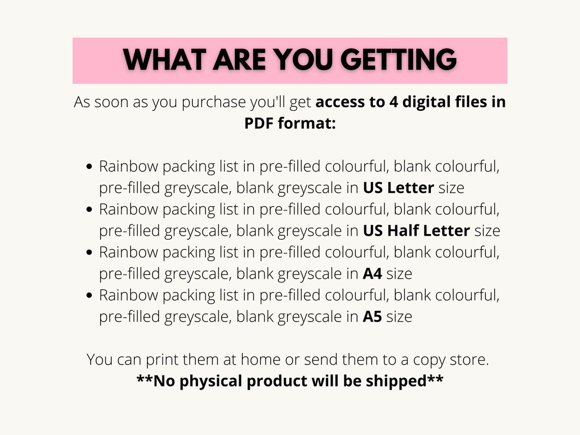 Packing List PDF in Rainbow Design, Print Packing List, All Inclusive ...