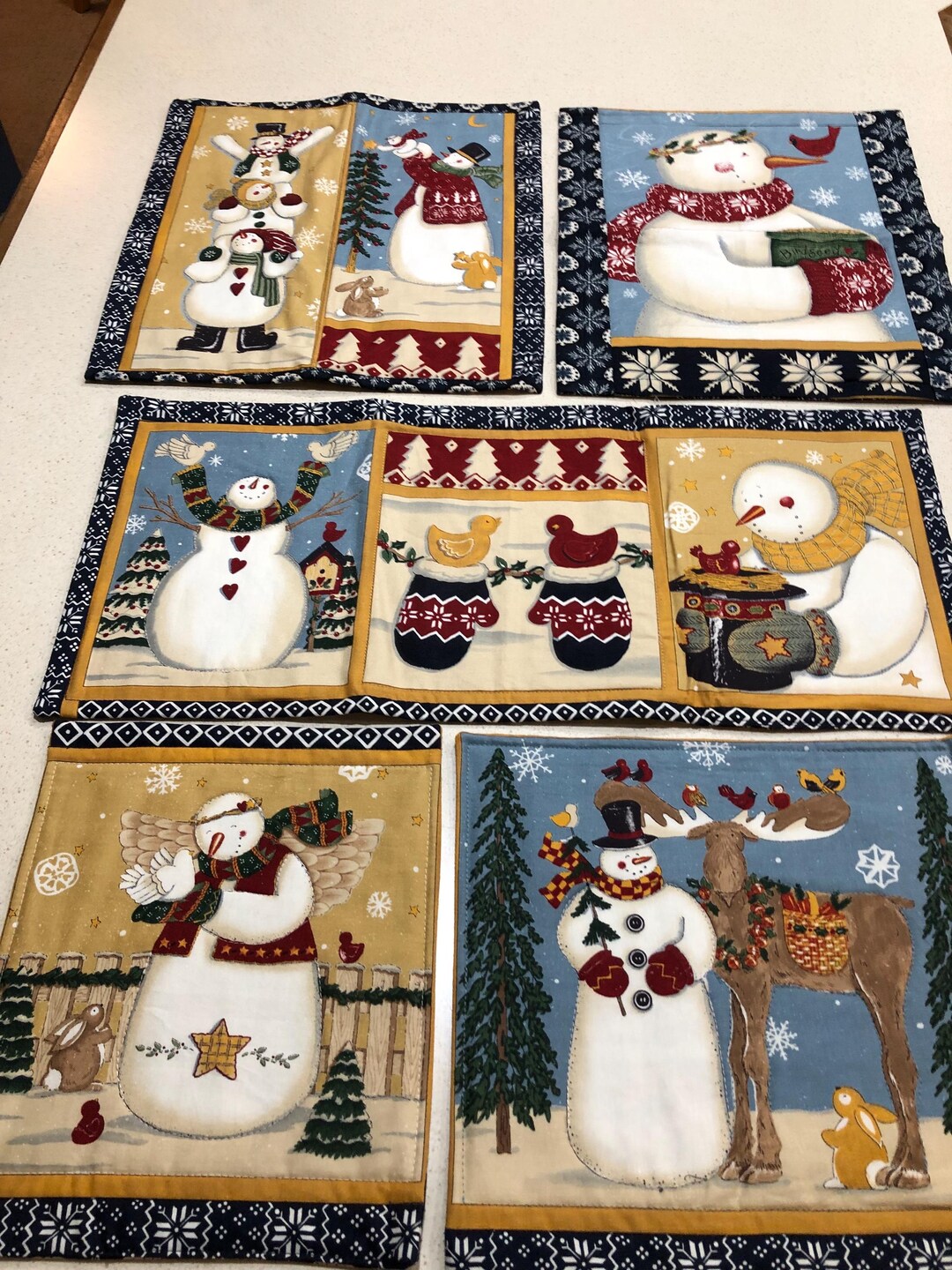 Snowman Mittens Table Topper Mini Table Runner Mug Rug Rev Snowflake ...