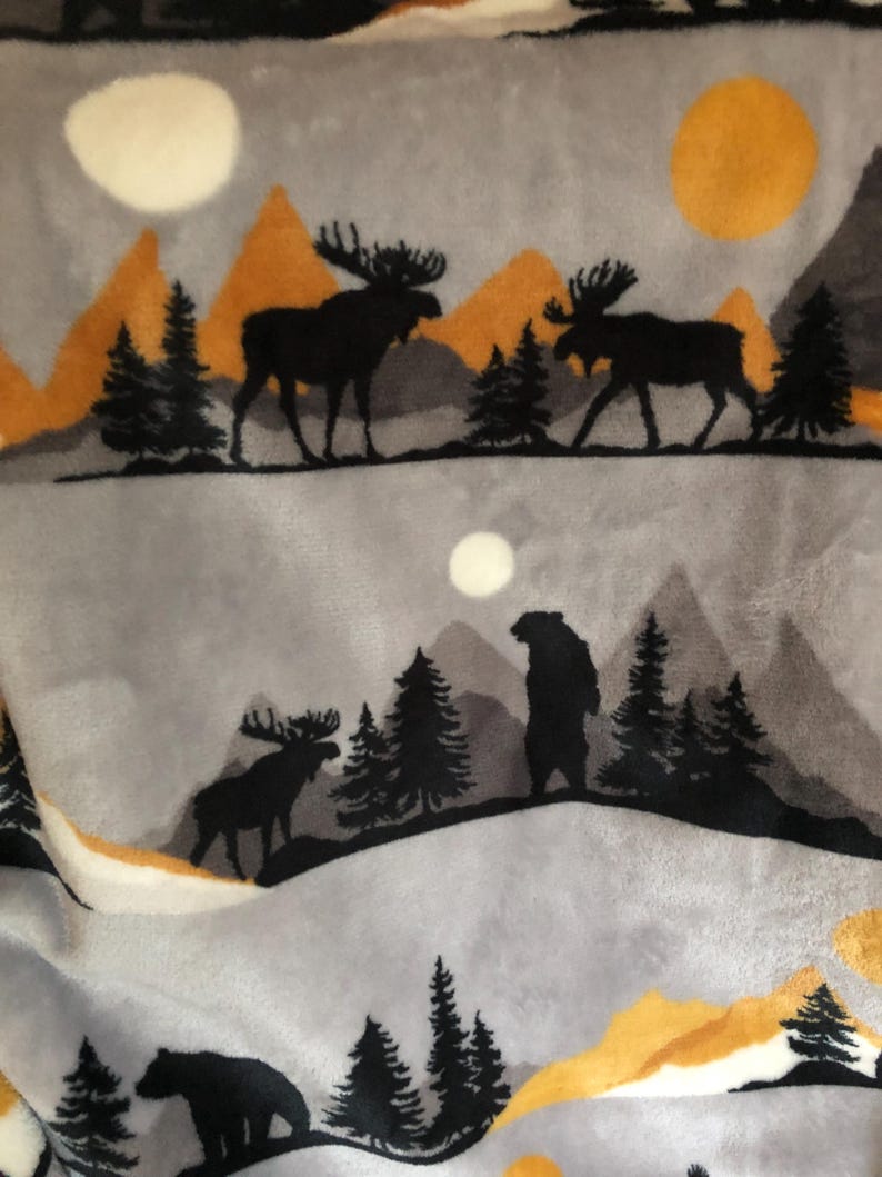Bear Moose Trees Mountains Rustic Wildlife Lush Fleece Blanket Throw Silhouette Woodland Animals ...