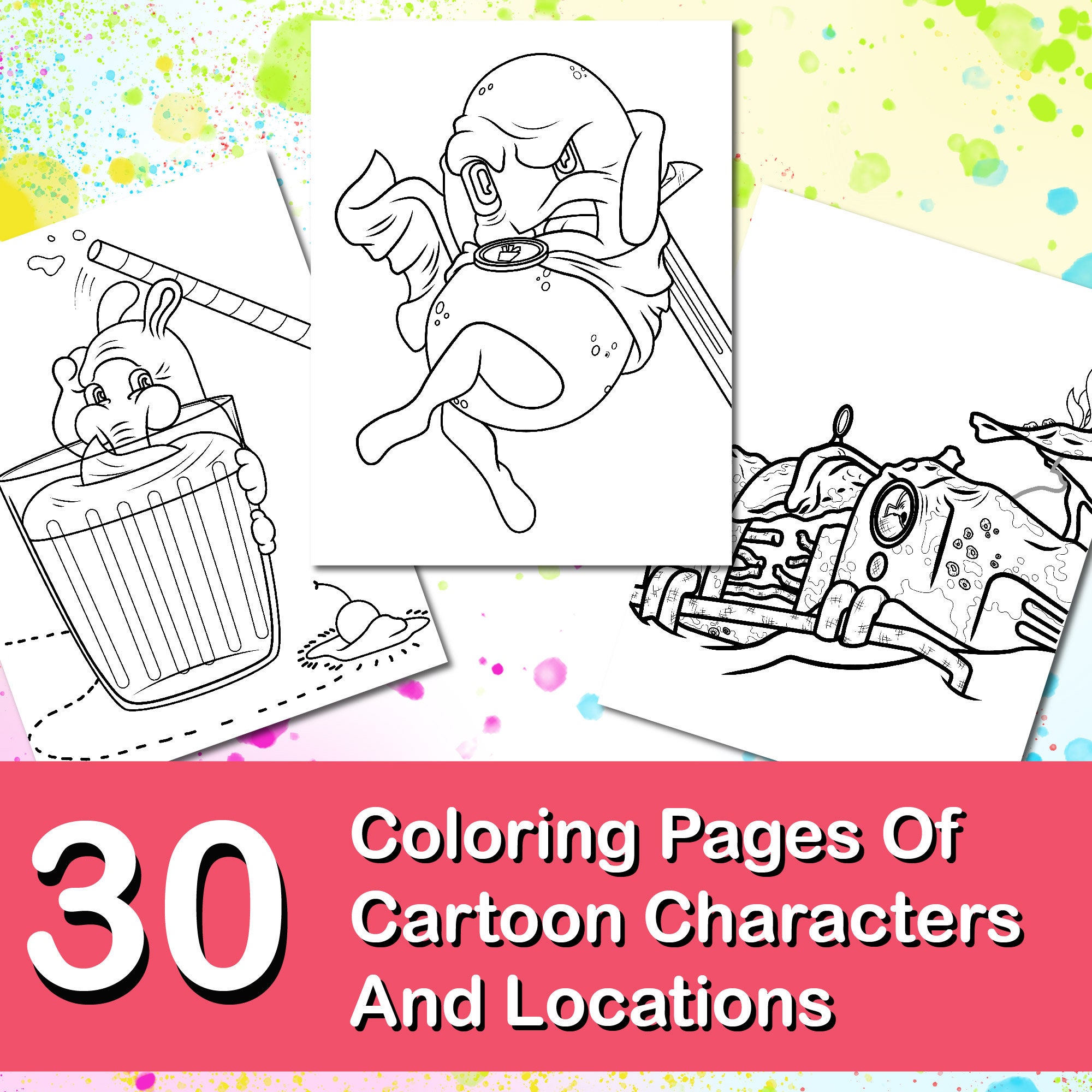 Cartoon Coloring Book, 30 Printable Carton Character and Landscape ...