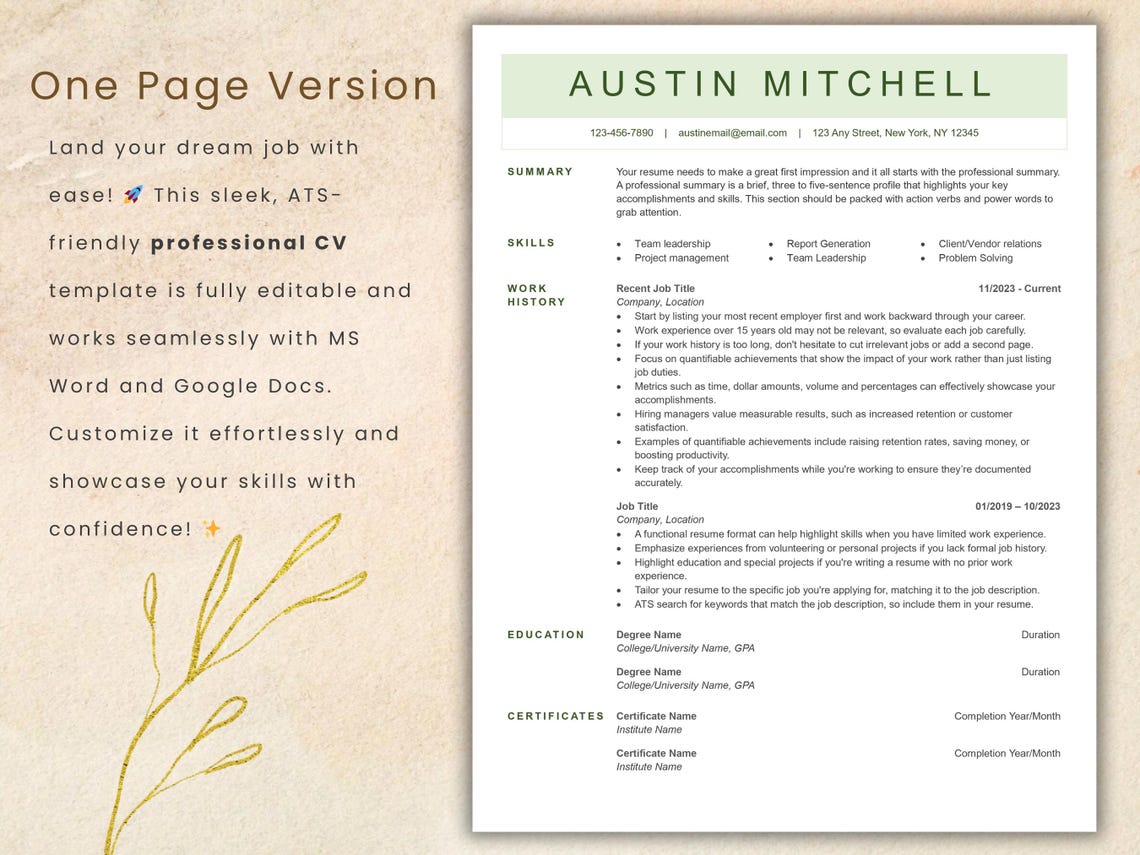 Professional CV Template MS Docx & Google Docs, Manager Cv, Cv Design ...