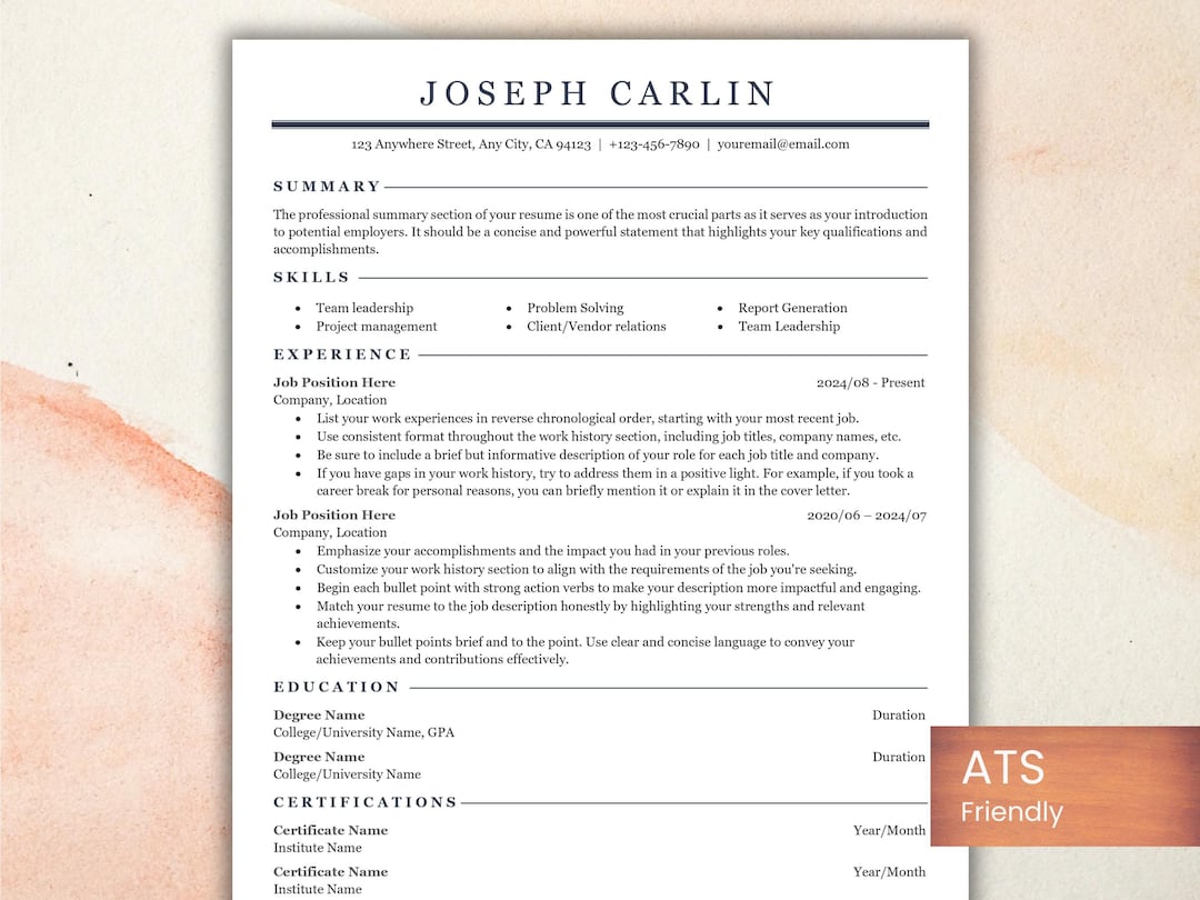 Resume Template - Simple Ats-friendly Design for MS Word, Google Docs ...