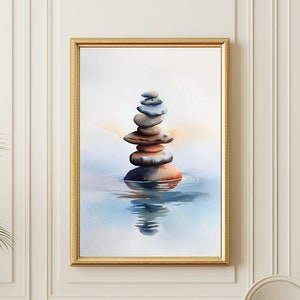 Balancing Stones Wall Art, Blue Earth Tone Watercolor Painting, Poster ...