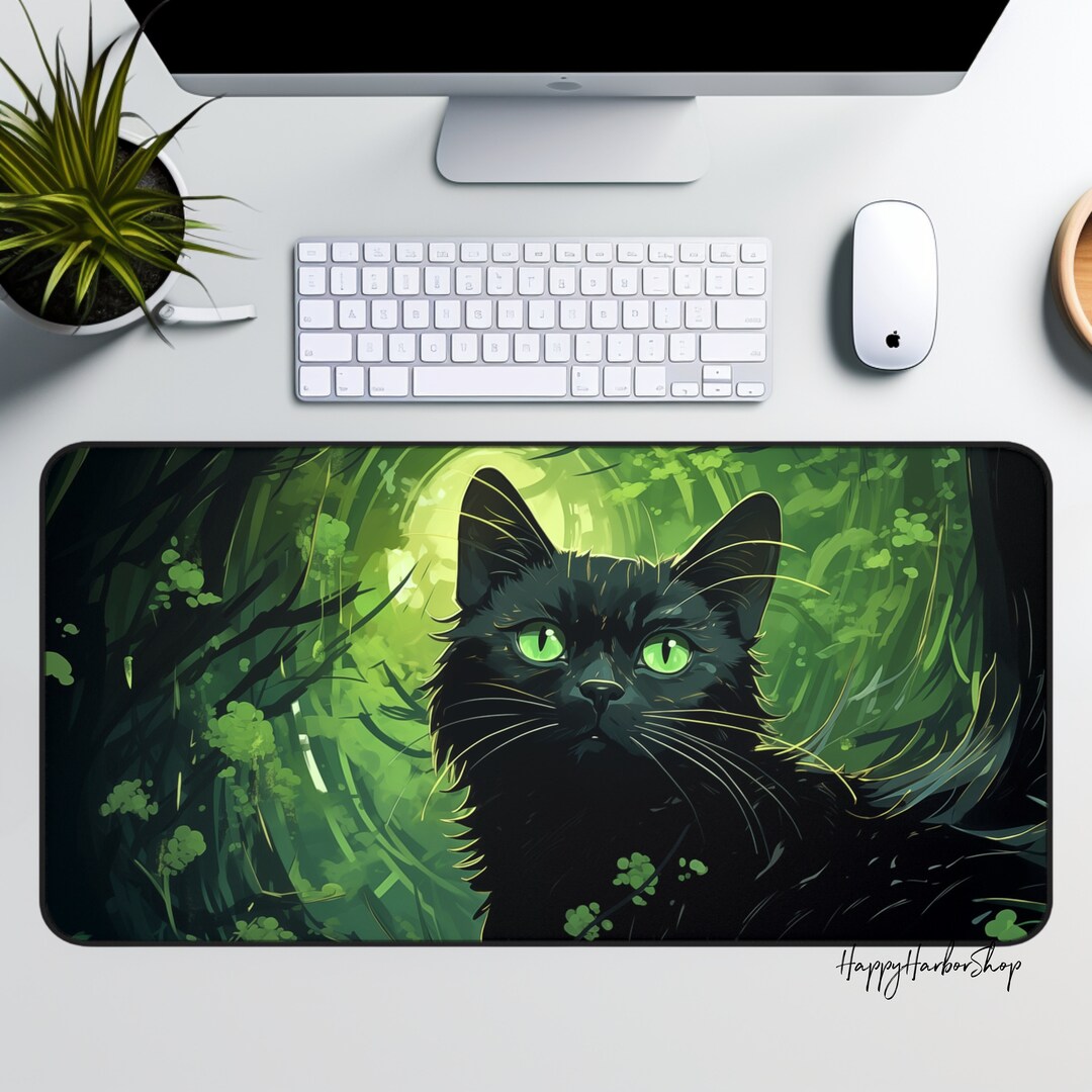 Green Desk Mat, Lofi Black Cat Mouse Pad, Japanese Large Desk Mat ...