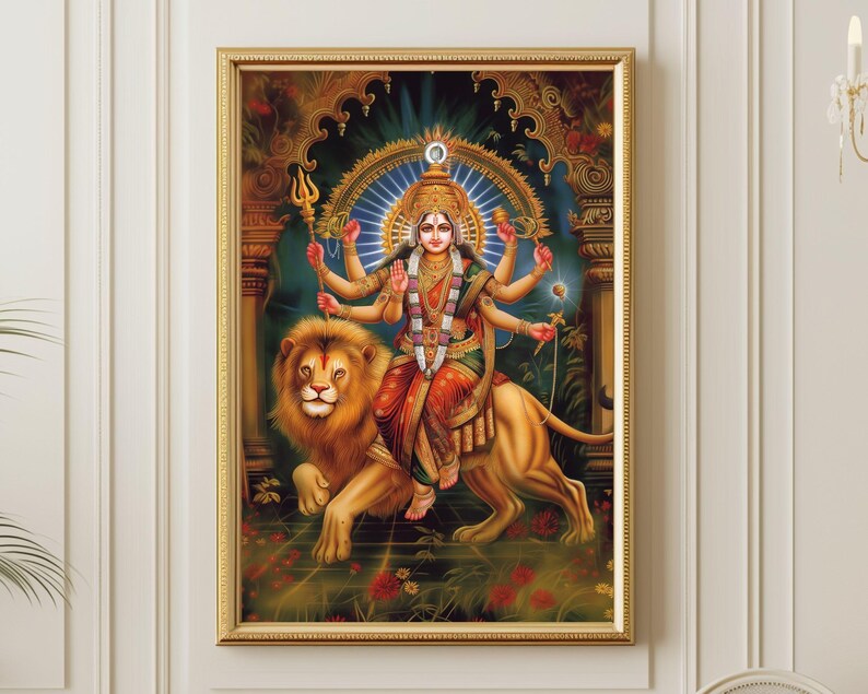 Durga Maa on Lion Wall Art, Hindu God Painting, Hinduism Home Decor ...