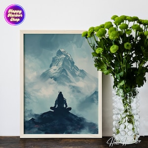 LORD SHIVA Meditating Printable Art, Shiva God at Mount Everest Painting, Spiritual Yoga Studio ...