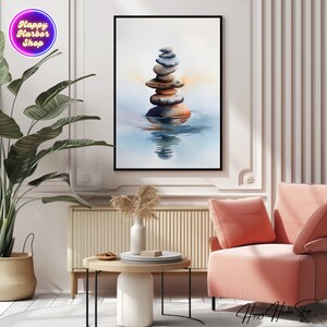 Balancing Stones Wall Art, Blue Earth Tone Watercolor Painting, Poster ...