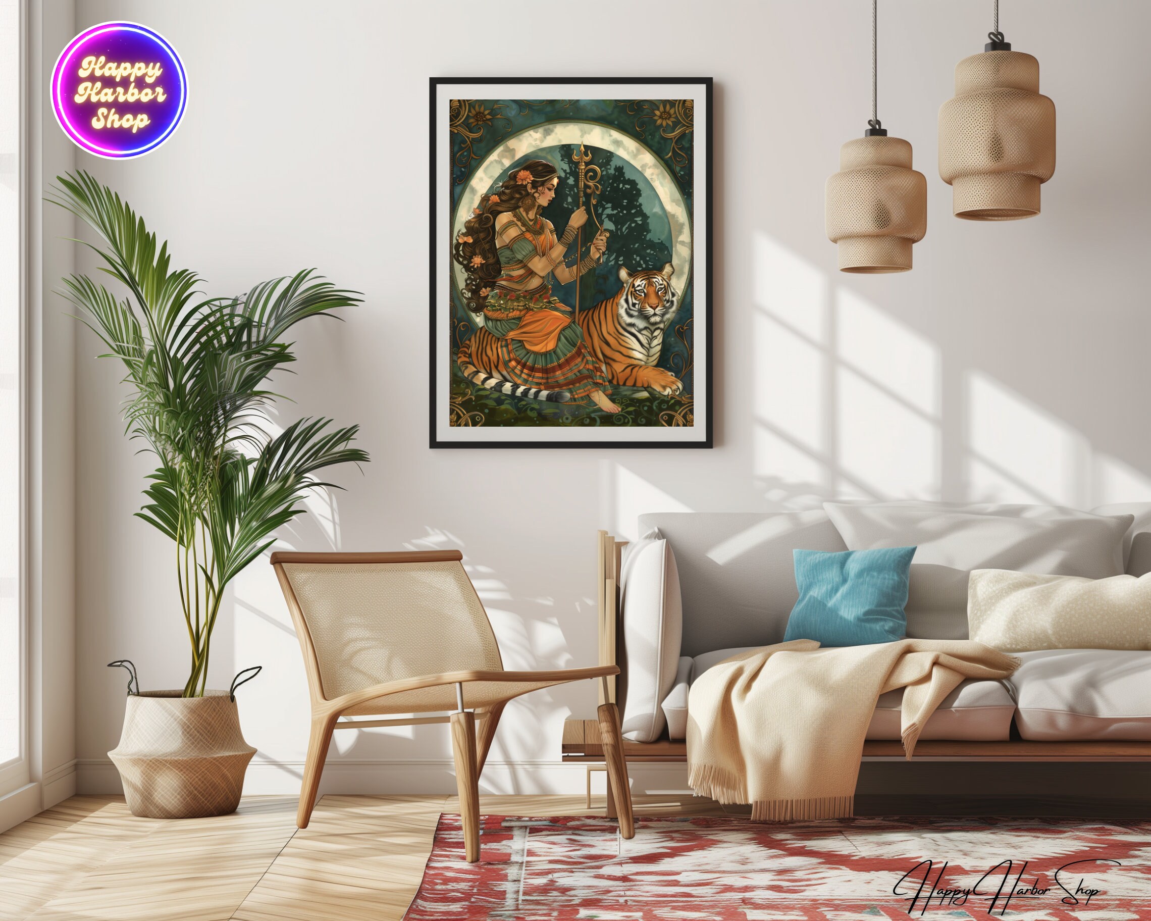Durga and Tiger Poster, Goddess Durga Painting, Durga Print, Indian ...