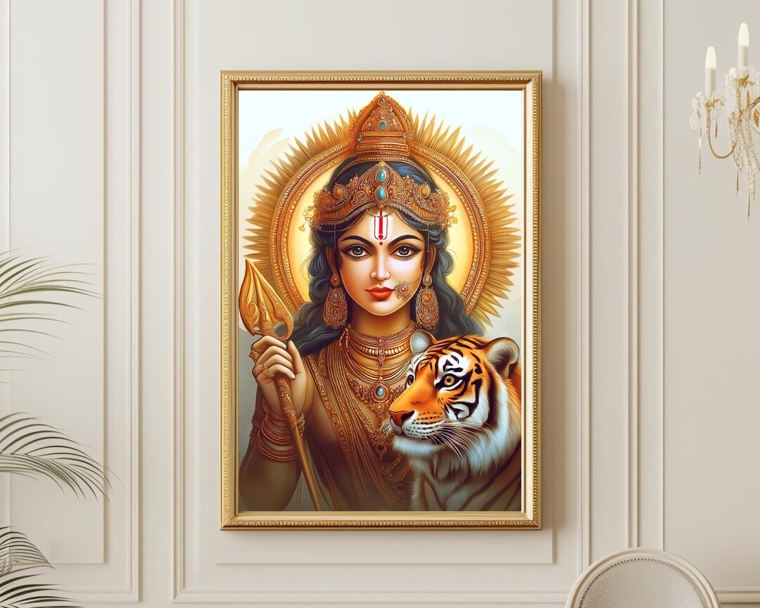 Durga Maa With Tiger Painting, Indian Goddess Poster Decor, Hindu Gods ...