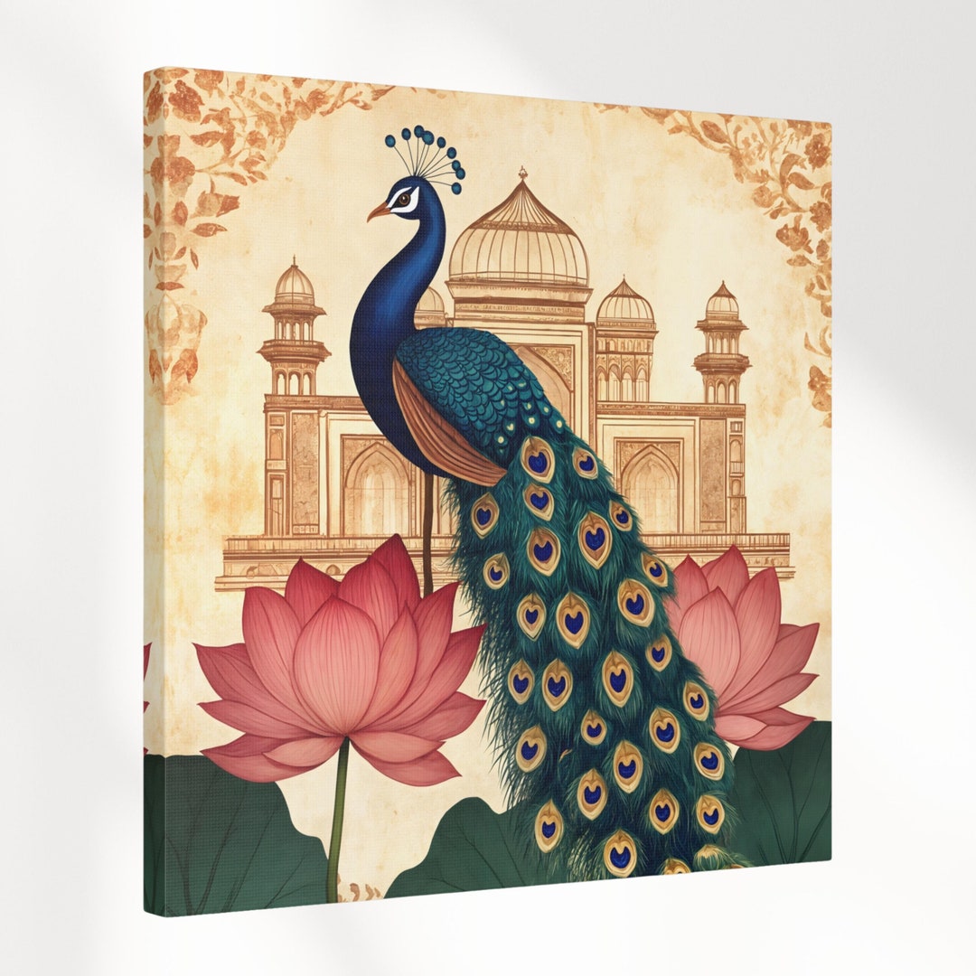 Pichwai Canvas Art, Indian Peacock Painting Lotus Flower Wall Hanging ...