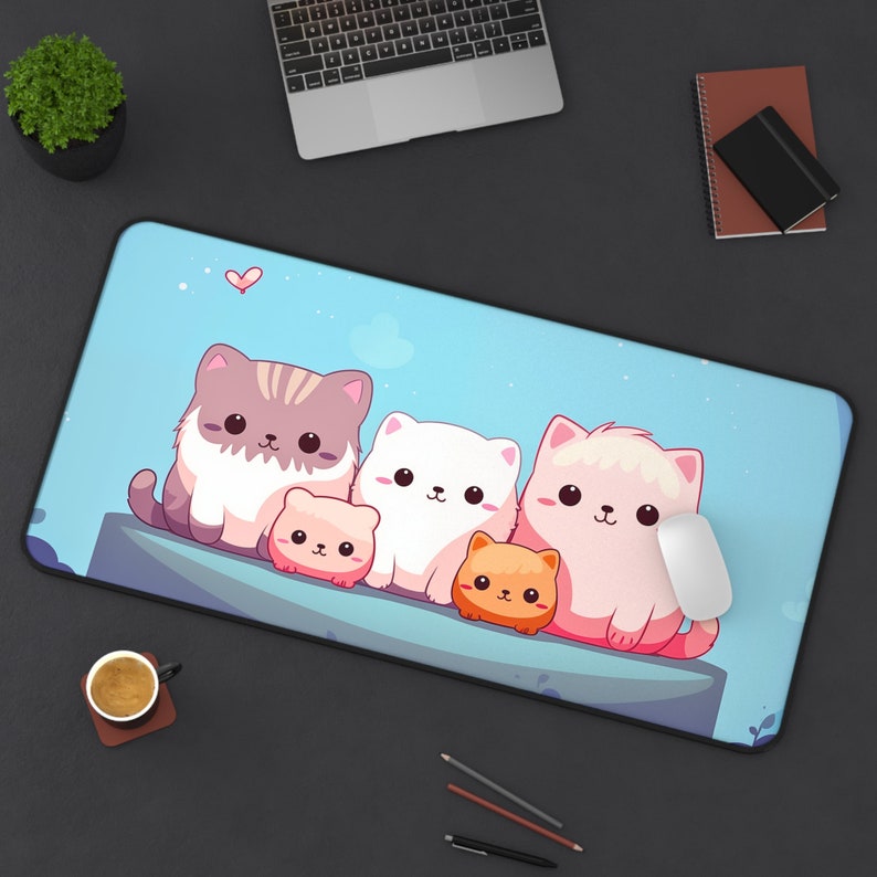 Desk Mat Kawaii Blue, Cute Cat Mouse Pad Large, Cat Gaming Desk Mat ...