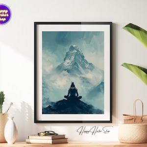 LORD SHIVA Meditating Printable Art, Shiva God at Mount Everest Painting, Spiritual Yoga Studio ...