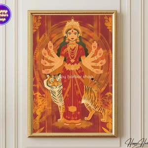 Durga With Tiger Art, Hindu Goddess Durga Painting, Durga Print, Indian ...