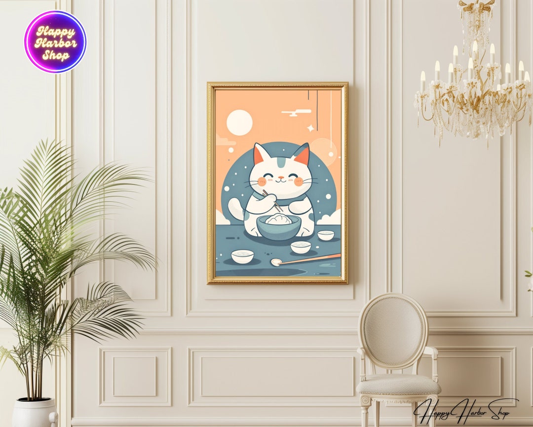 Kawaii Cat Premium Poster Anime Dumpling Wall Art Dim Sum Art Asian ...