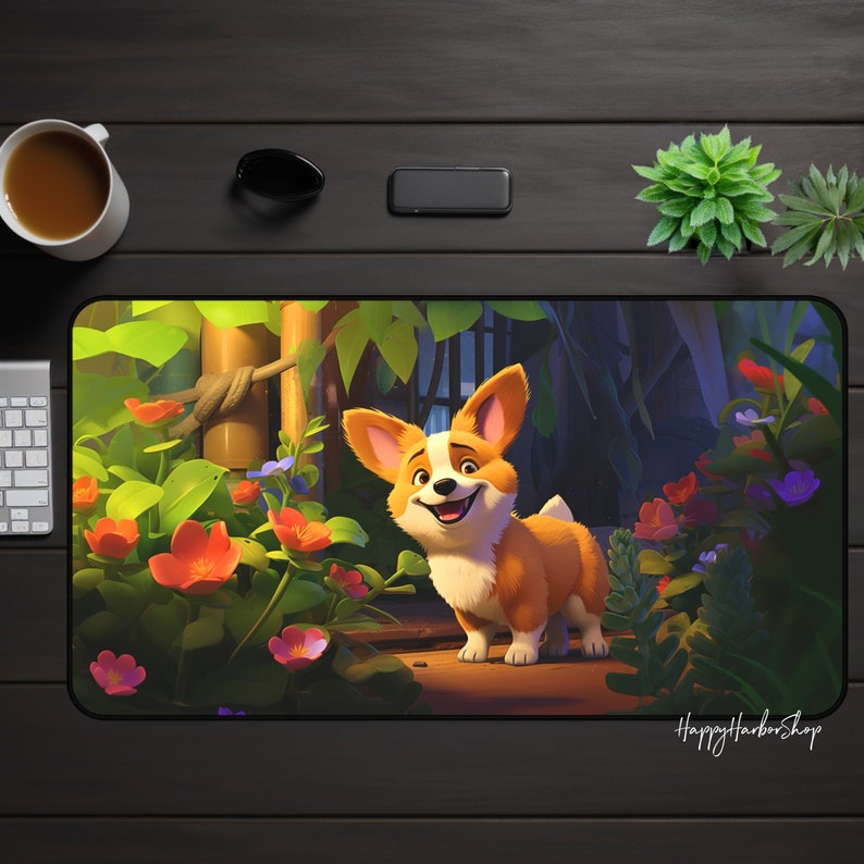 Cute Desk Mat Anime Corgi Desk Accessory Aesthetic Floral Nature Office ...