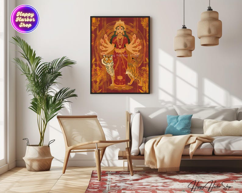Durga With Tiger Art, Hindu Goddess Durga Painting, Durga Print, Indian ...