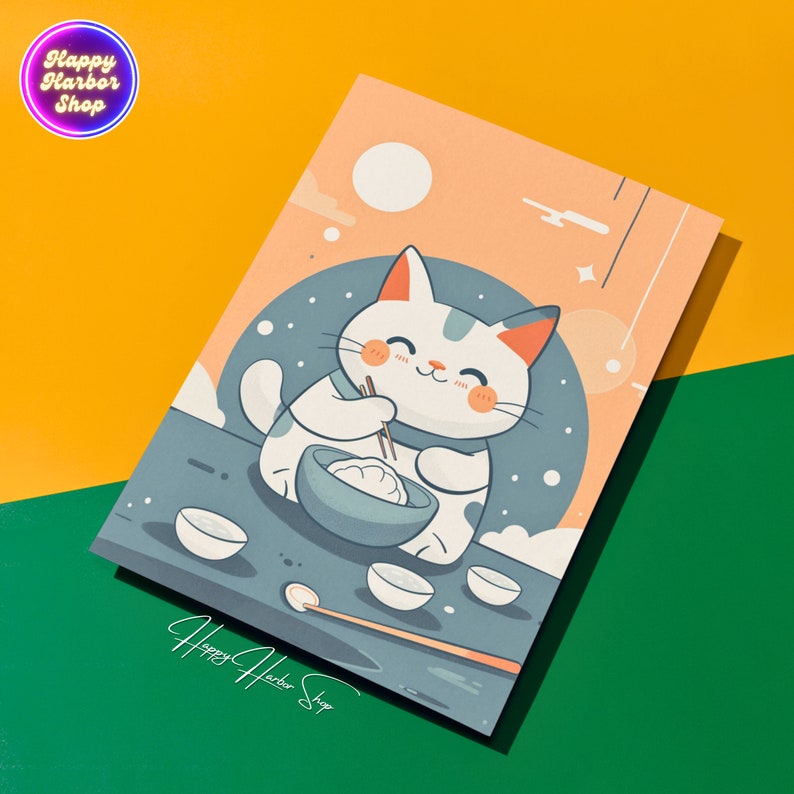 Kawaii Cat Premium Poster Anime Dumpling Wall Art Dim Sum Art Asian ...