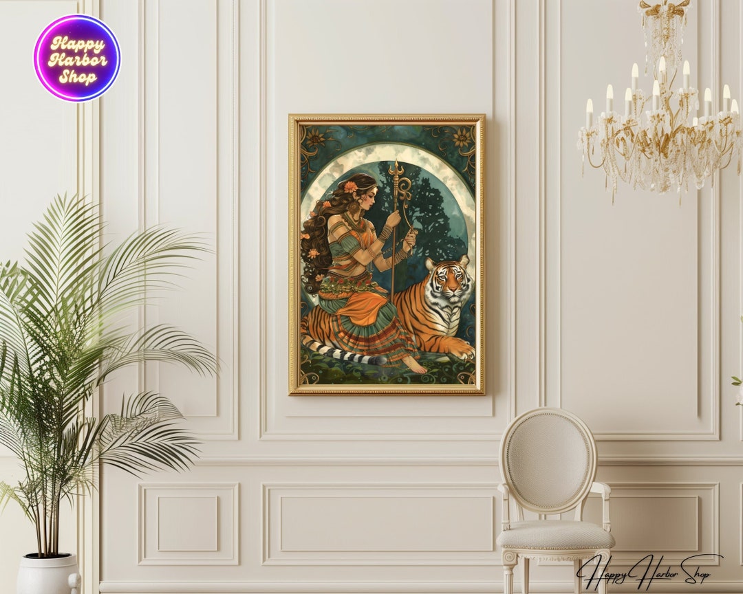 Durga and Tiger Poster, Goddess Durga Painting, Durga Print, Indian ...