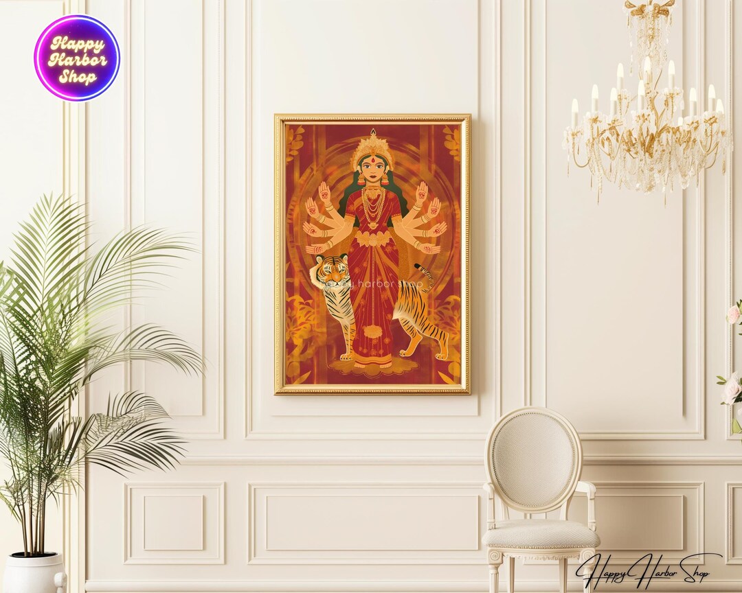 Durga With Tiger Art, Hindu Goddess Durga Painting, Durga Print, Indian ...