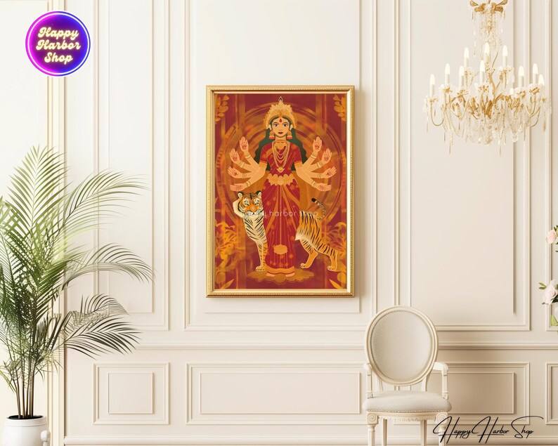 Durga With Tiger Art, Hindu Goddess Durga Painting, Durga Print, Indian ...