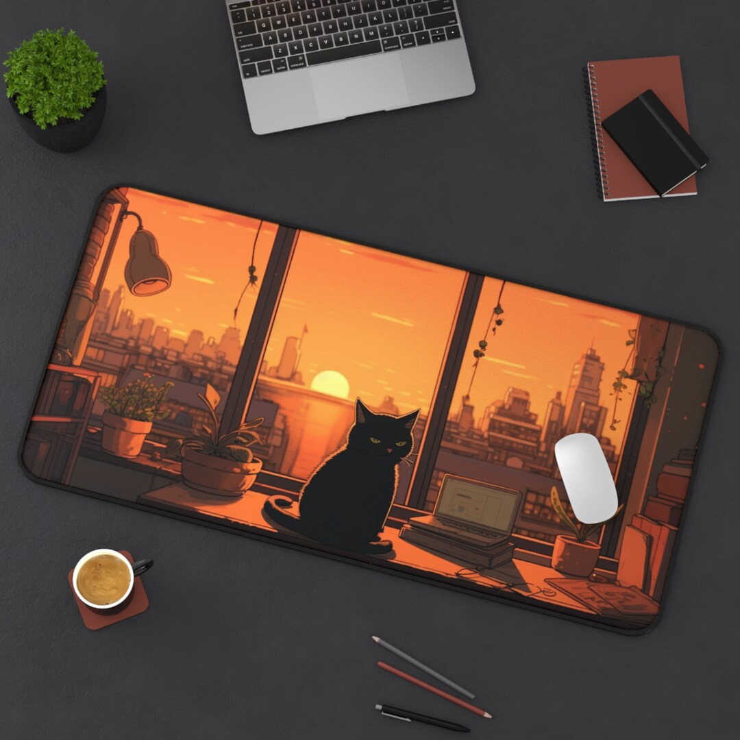 Lofi Playmat, Cute Black Cat Lofi Mouse Pad, Aesthetic Lofi Desk Decor ...