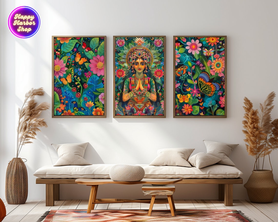 Goddess Durga Painting, Set of 3, Hindu God Wall Art, Goddess Durga ...