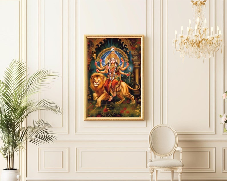 Durga Maa on Lion Wall Art, Hindu God Painting, Hinduism Home Decor ...