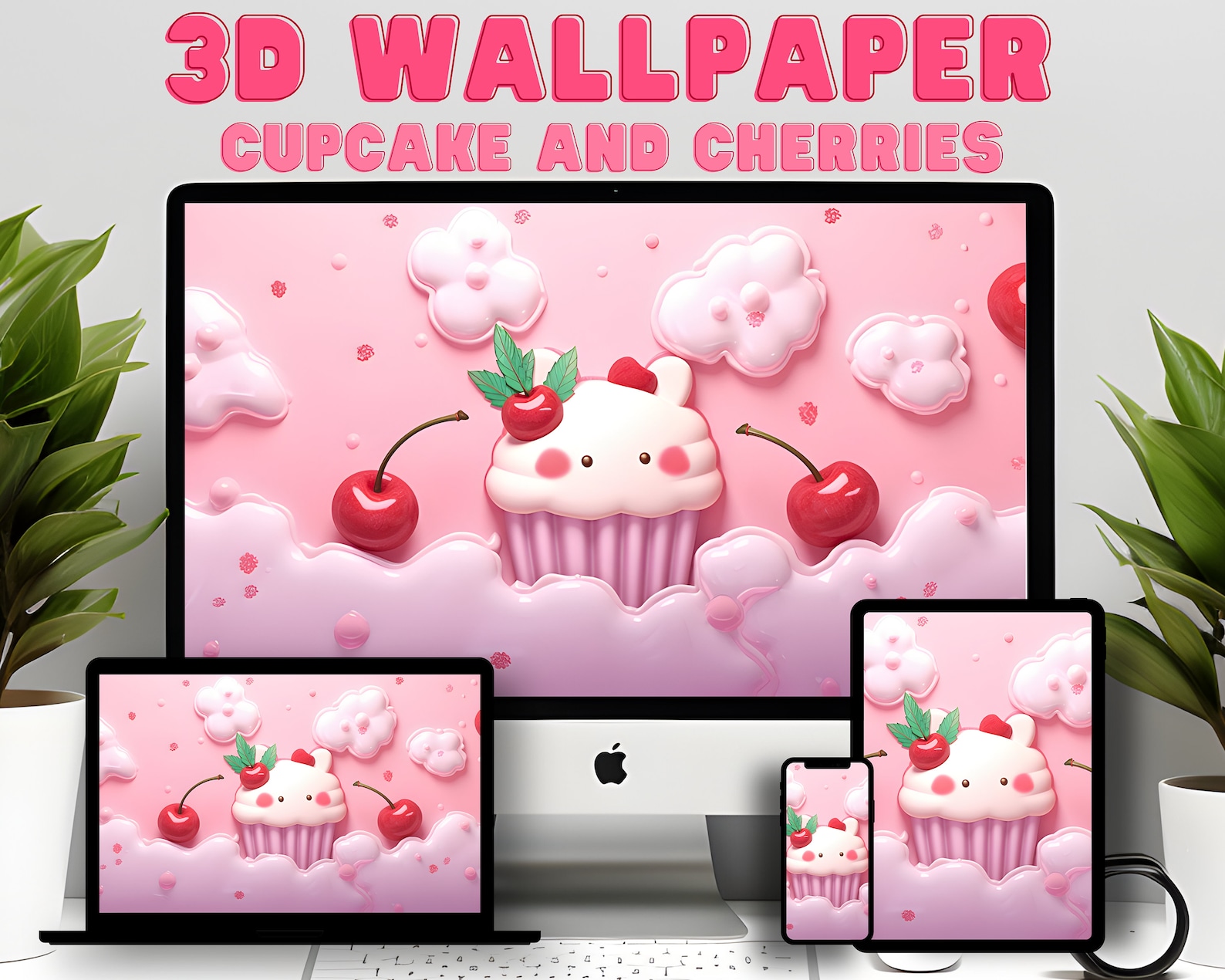 3D Cute Puffy Cupcake Cherries Desktop Digital Wallpaper, Pillow ...