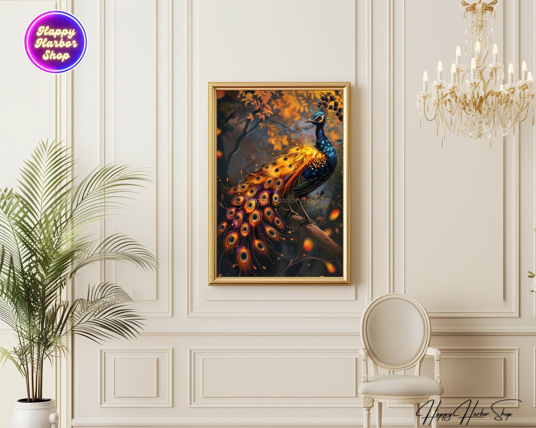 Indian Peacock Painting Digital Wall Art, Autumn Wildlife Poster Fall ...
