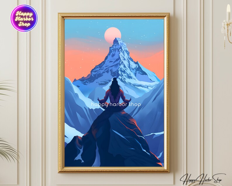 Lord Shiva Meditating Art, Hindu God on Mount Everest Painting ...
