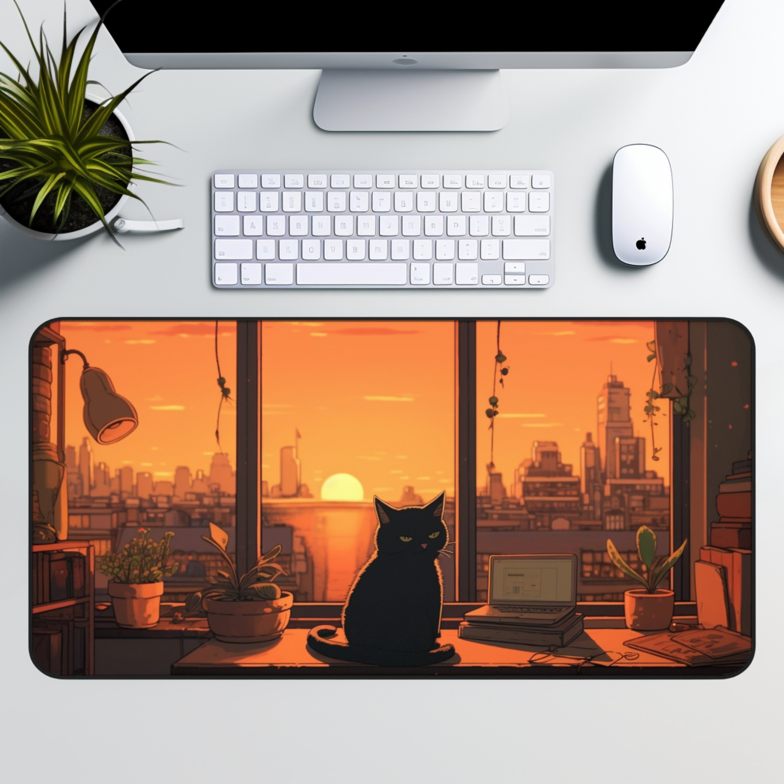 Lofi Playmat, Cute Black Cat Lofi Mouse Pad, Aesthetic Lofi Desk Decor ...