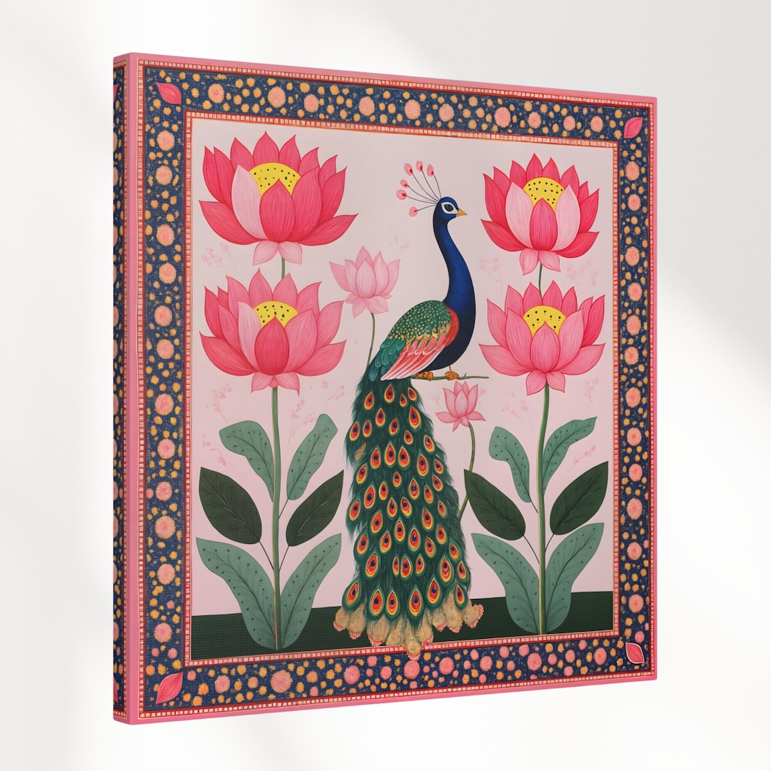 Indian Peacock Painting Lotus Flower Wall Art, Floral Pink Aesthetic ...