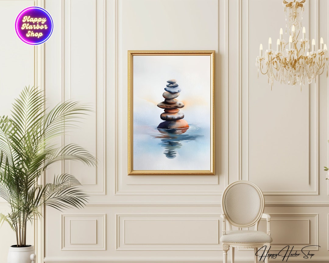 Balancing Stones Wall Art, Blue Earth Tone Watercolor Painting, Poster ...