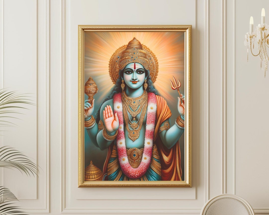 Vishnu Painting, Hindu God Art, Indian Deities Wall Decor, Traditional ...