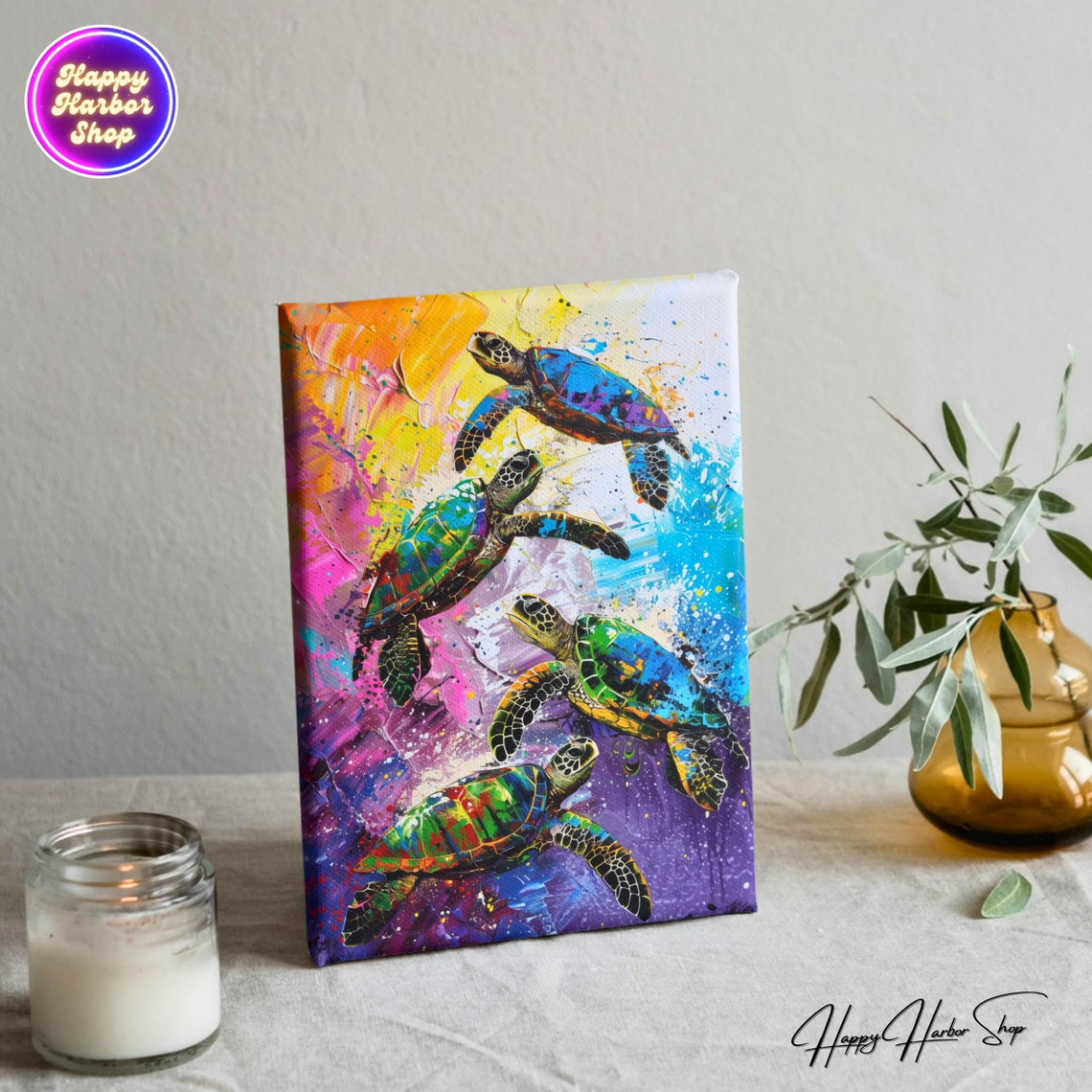 Sea Turtle Painting, Abstract Ocean Wall Art Gift, Coastal Beach House ...