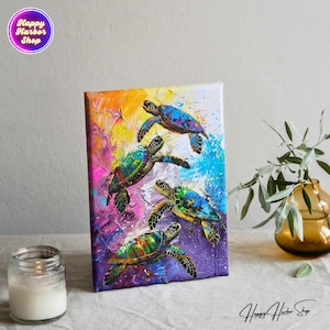 Sea Turtle Painting, Abstract Ocean Wall Art Gift, Coastal Beach House ...