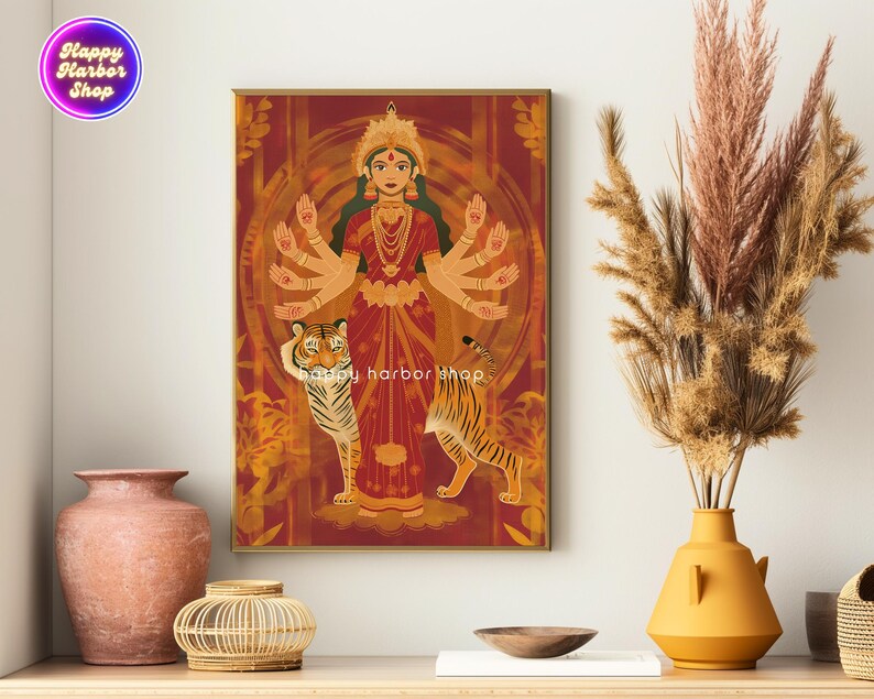Durga With Tiger Art, Hindu Goddess Durga Painting, Durga Print, Indian ...