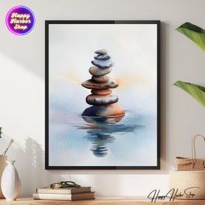 Balancing Stones Wall Art, Blue Earth Tone Watercolor Painting, Poster ...