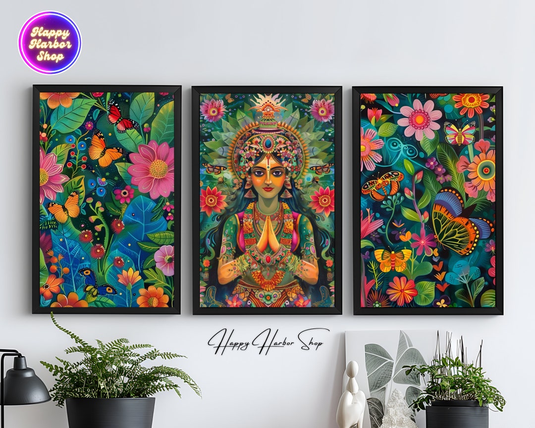 Goddess Durga Painting, Set of 3, Hindu God Wall Art, Goddess Durga ...