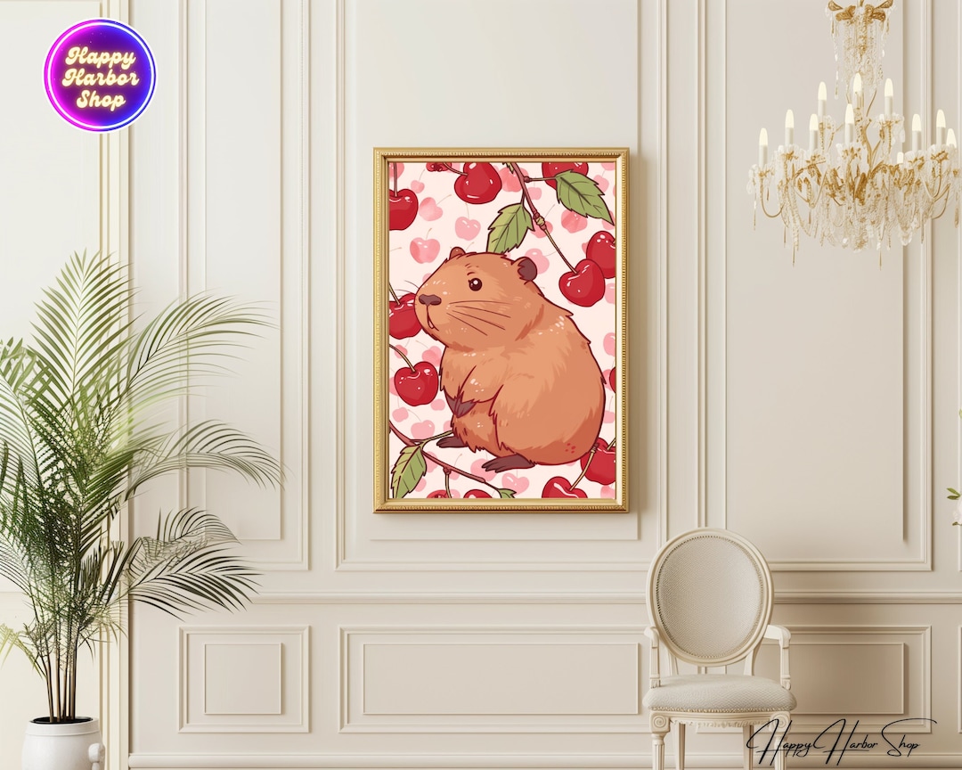 Capybara Art Red Cherry Print, Pink Aesthetic Wall Art Animal Poster ...
