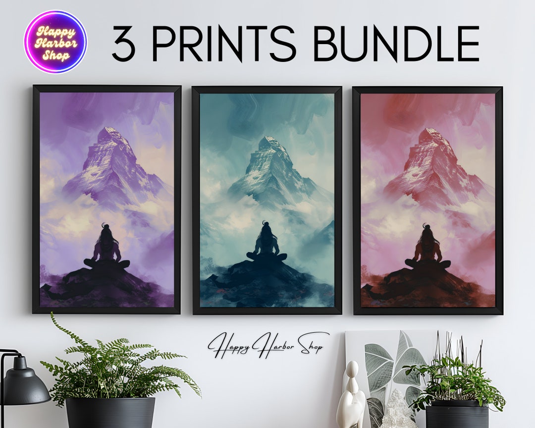 Shiva Painting, SET OF 3 Indian Prints, Hindu God Meditating at Mount ...