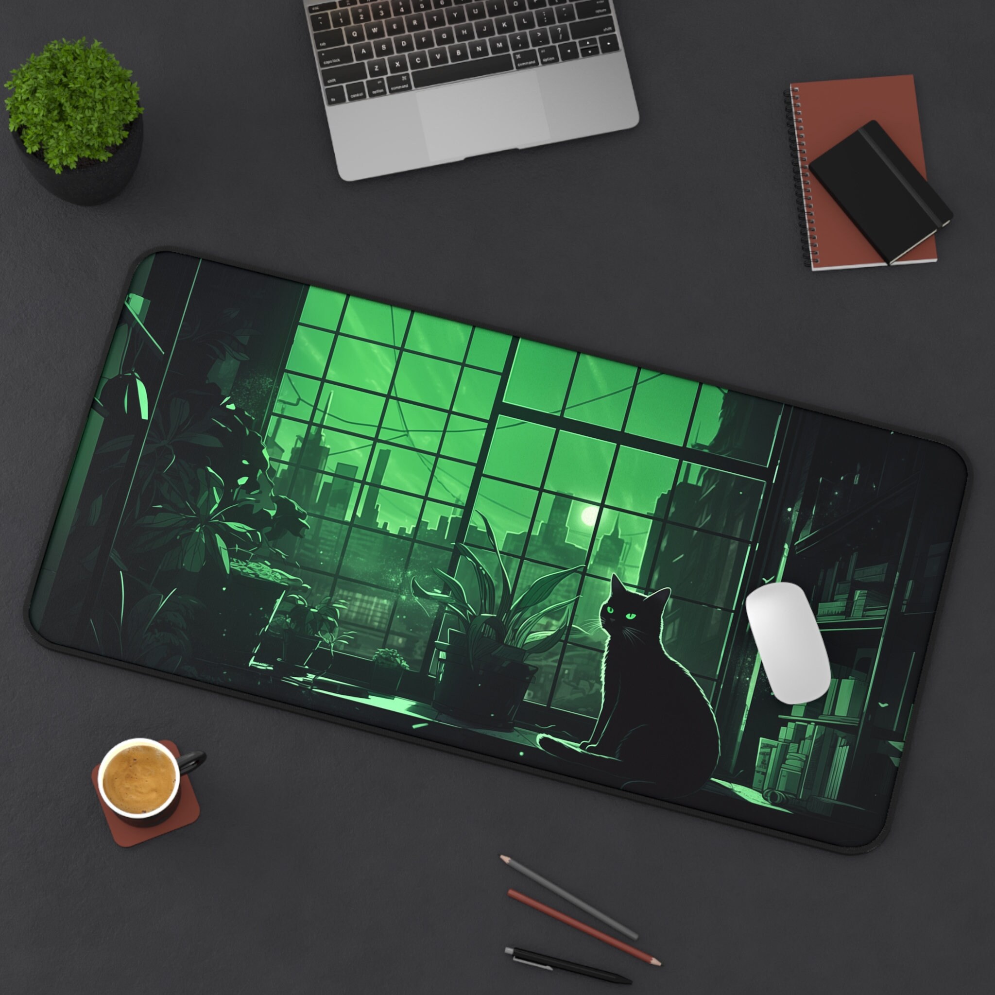 Lofi Playmat, Cute Black Cat Lofi Mouse Pad, Aesthetic Lofi Desk Decor ...