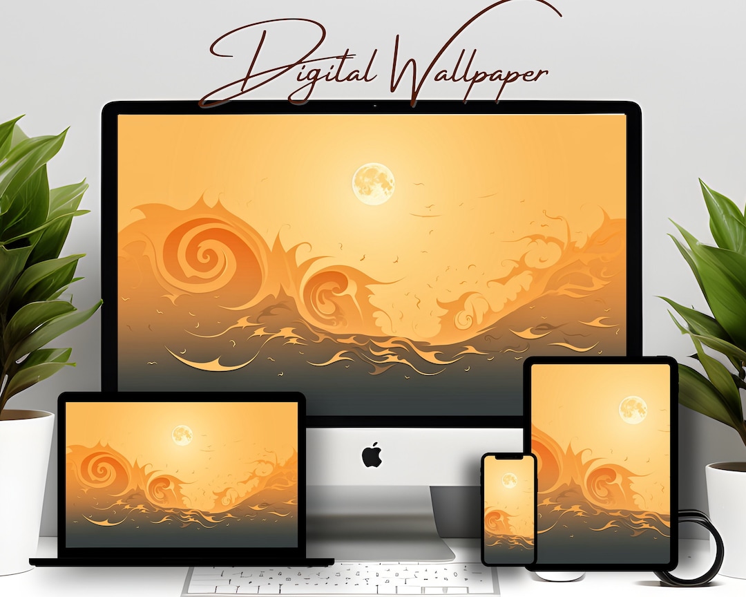 Fire and Moon Digital Wallpaper, Desktop Wallpaper, Abstract Minimalist ...