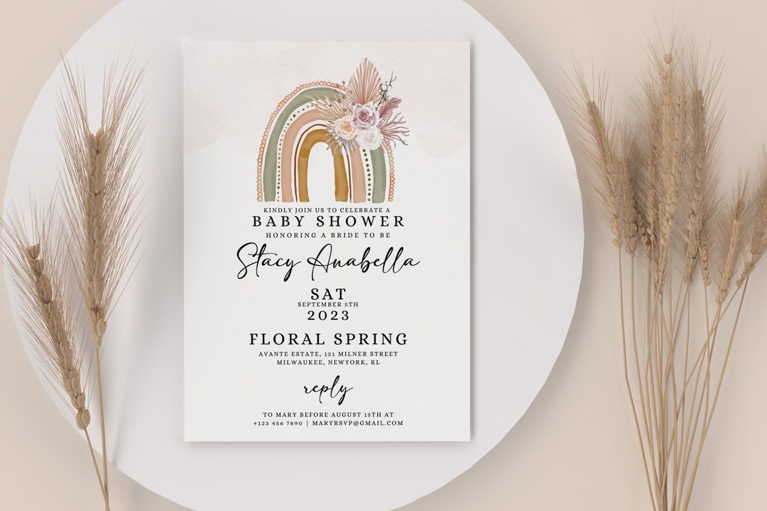 Boho Rainbow Baby Shower Invitation Template, Floral Invite (DIY Canva ...