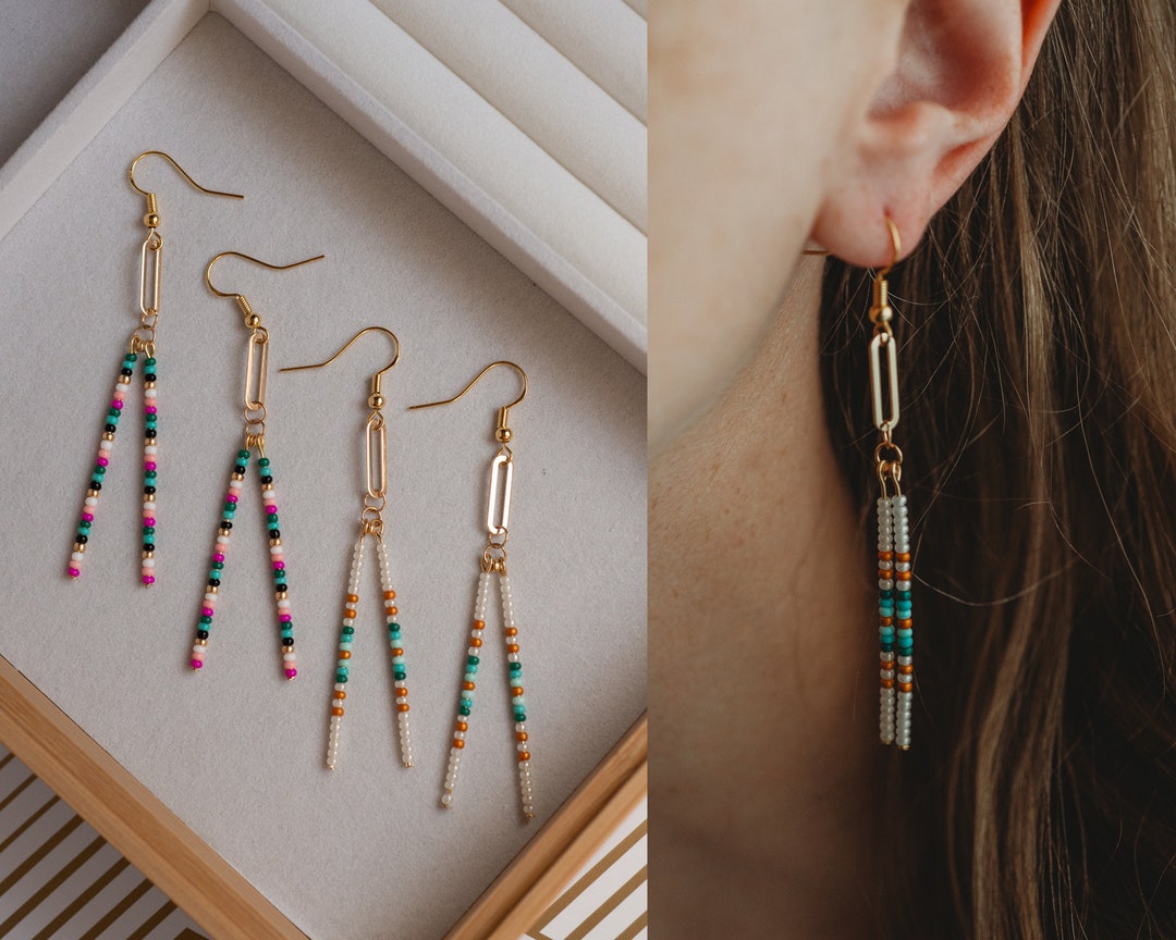 Boho Seed Bead Dangle Earrings, 18K Gold Plated, Western Jewelry - Etsy