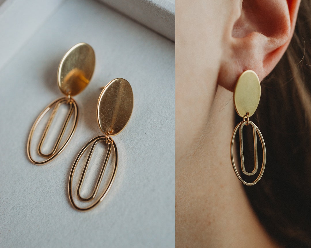 Minimalist Gold Post Earrings, Geometric 24K Gold Plated Post Earrings ...